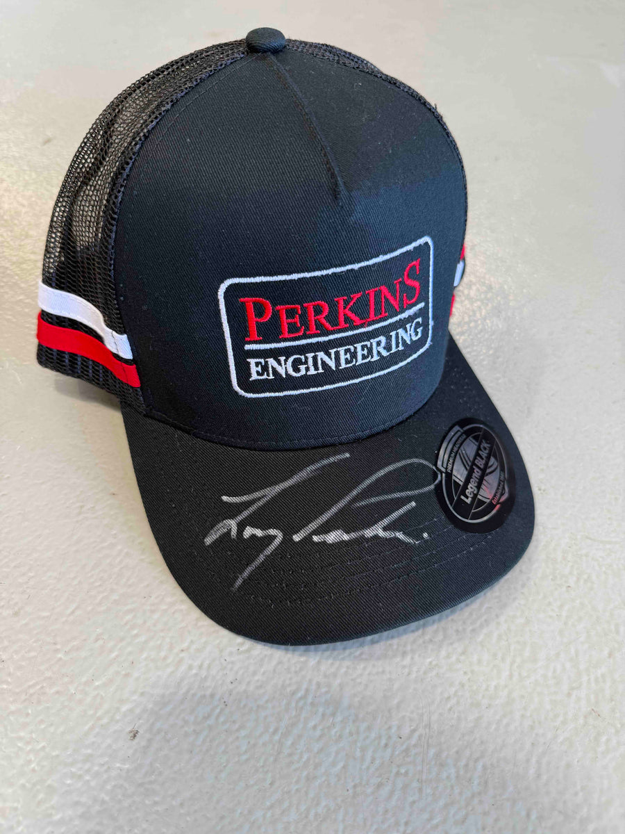 Perkins Engineering Red and White Striped Trucker Cap Signed by Larry – Perkins Motorsport